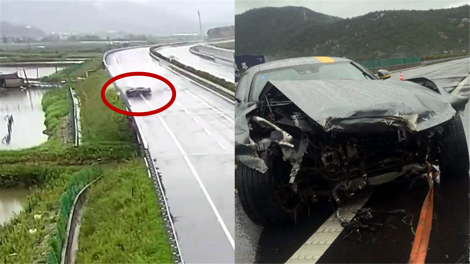 监控曝光!奔驰AMG GT高速公路失控 撞护栏疯狂旋转车头面目全非