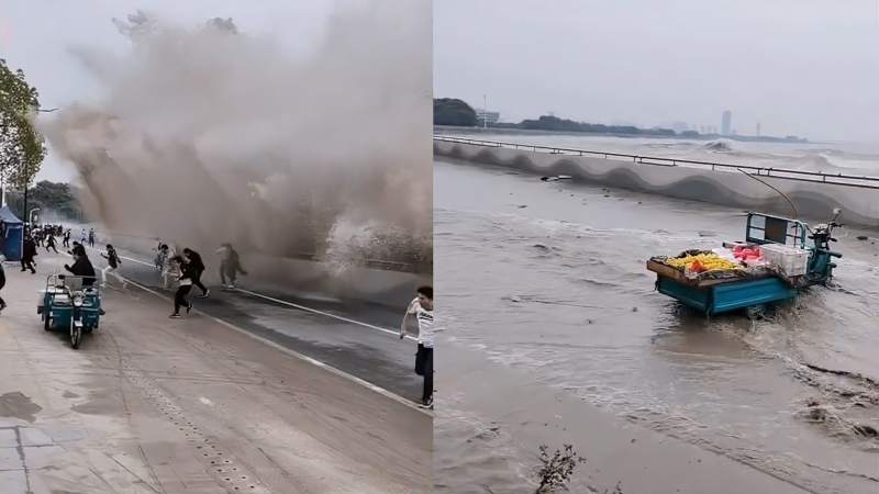 惊魂一刻!钱塘江大潮冲上岸,众人被瞬间扑倒尖叫声不断