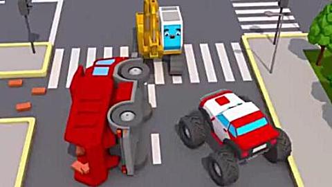 儿童工程车动画 翻斗车的遭遇 翻斗车和拖拉机大脚车相撞翻车 挖掘机...