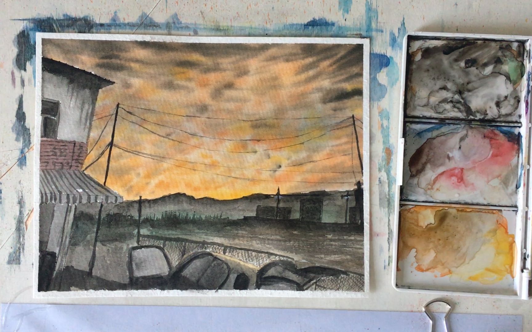 夕阳晚霞水彩风景画,画画过程