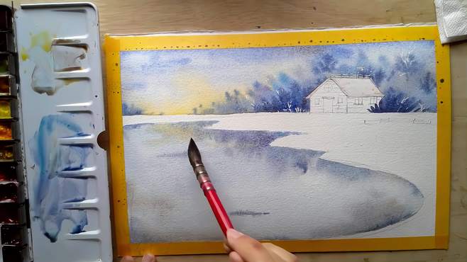 手绘雪景湖水的画法