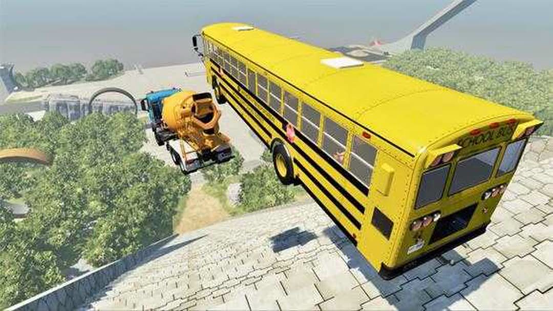 6个假人坐着大巴,搅拌车和奥迪R8飞跃600米超长楼梯,车祸模拟器