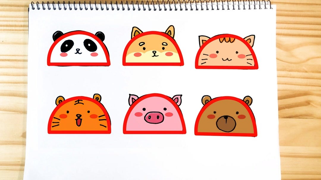 用半圆画出6只可爱的小动物简笔画,零基础美术也能画