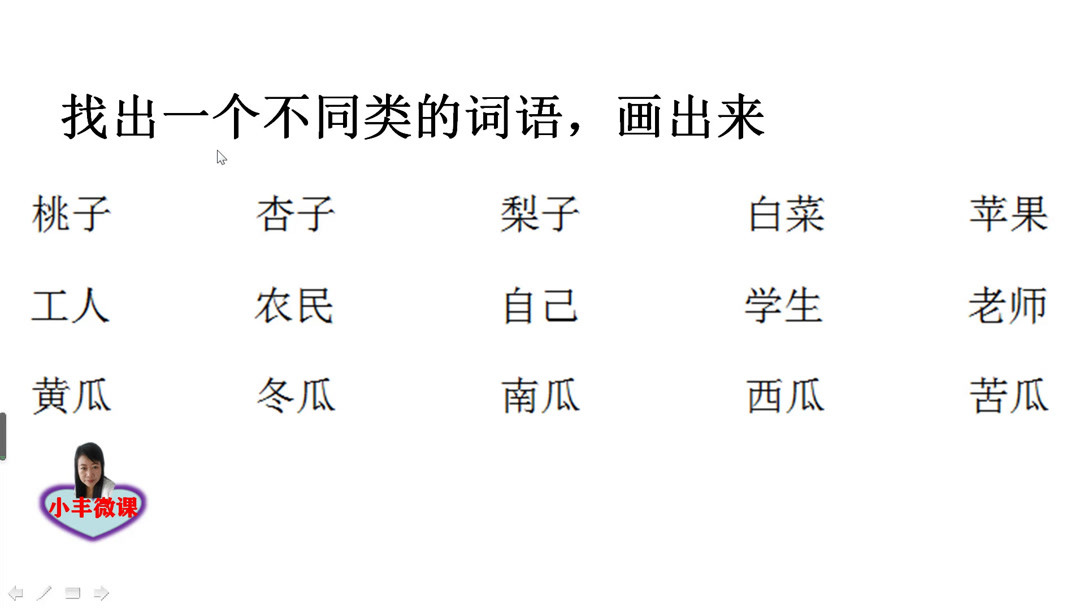 一年级考试题:找出一个不同类的词语,画出来