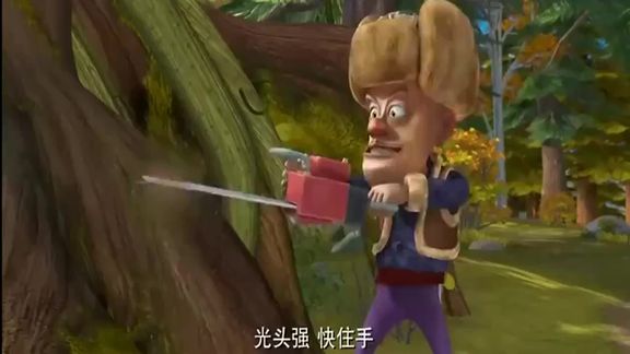 熊出没:熊大熊二阻止光头强砍树,强哥却用水果诱惑熊二!