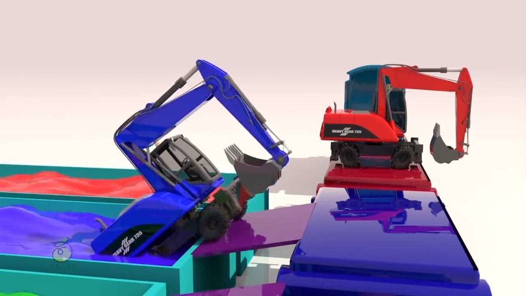 工程车施工动画 第39集 染成蓝色的挖掘机