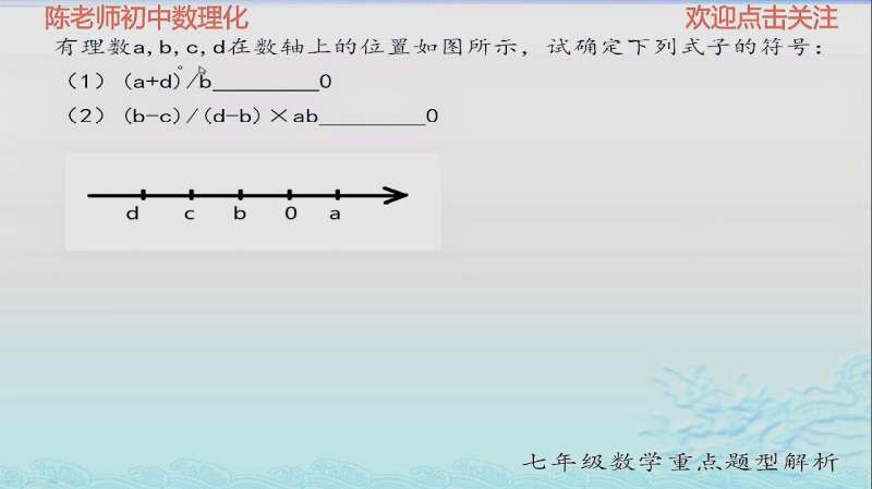初一数学题精讲:利用有理数在数轴上的位置,判断代数式的正负性