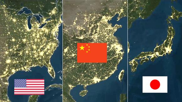 世界前三大经济体,中美日夜景对比,中美实力相当吗?