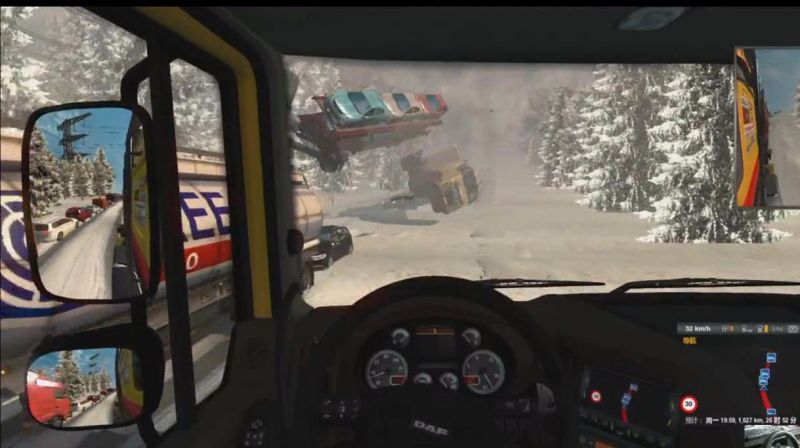 欧洲卡车模拟2,雪天开车一定要小心,这路旁的卡车都会飞了