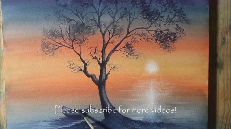 一叶扁舟一棵古树一轮红日,好美的意境,画家画得太好了