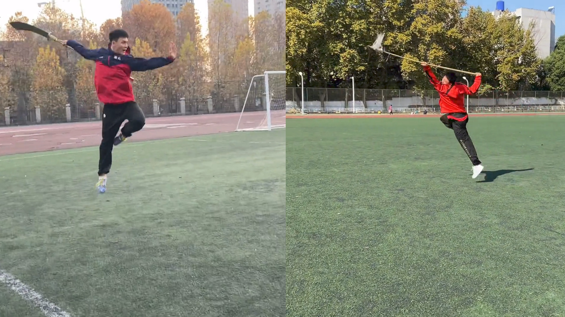 全国武术冠军武汉校园内表演传统武术,一招一式皆是凌厉