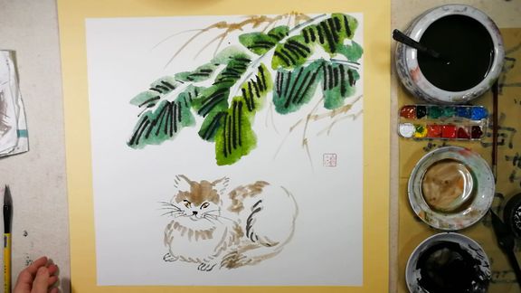 中国画入门教程,动物篇。4猫。小品:2平行线构图法,画芭蕉叶