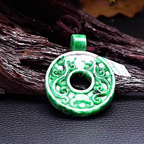豪8印象M1022天然翡翠复古平安扣挂件 飘绿花玉古环吊坠翡翠玉坠
