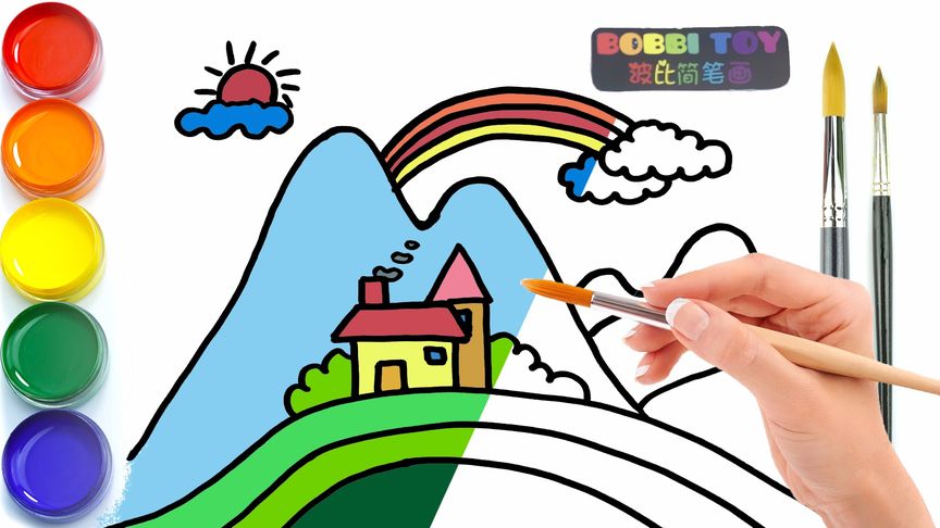 波比简笔画:教你如何画风景画,认颜色学习英语,儿童轻松学画画