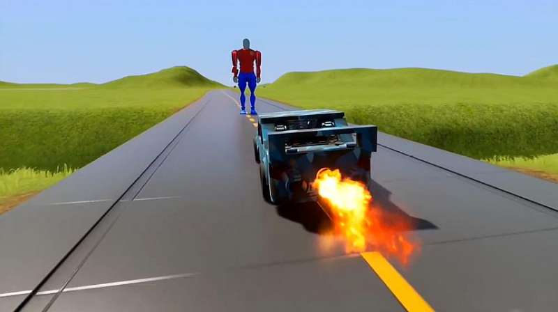 乐高BeamNG:喷火装甲跑车开足马力冲向超大机器人,模拟真实车祸