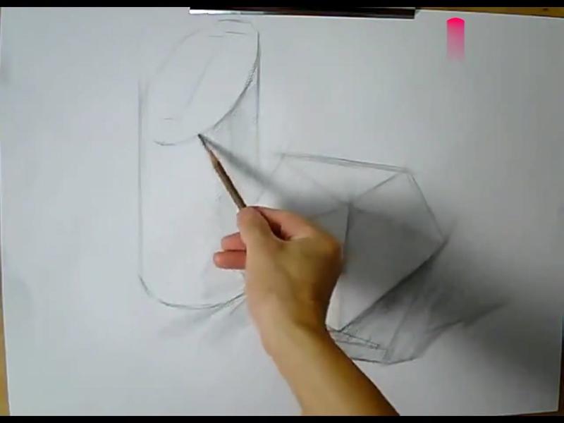 素描教程第二季:第51讲,十二面体和斜面圆柱的组合画法