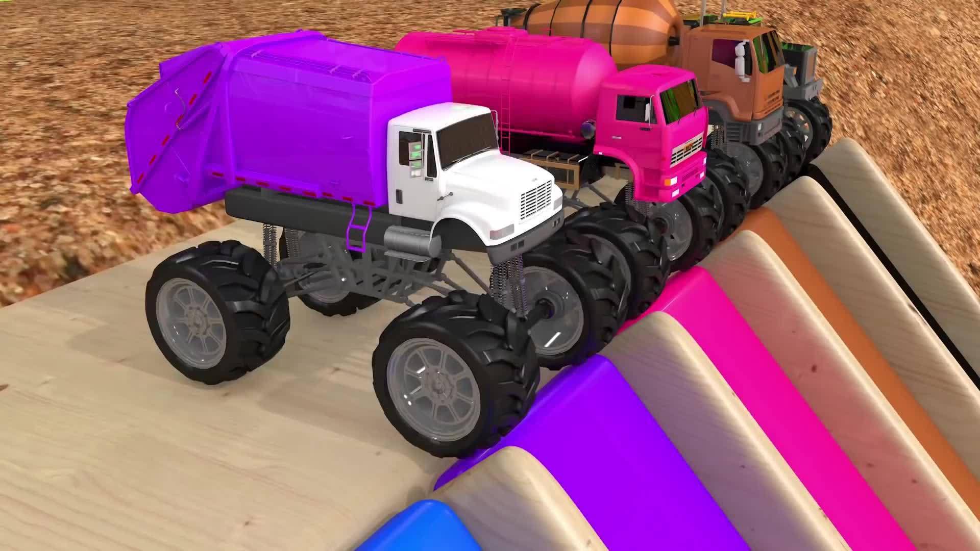 怪兽卡车执行任务,从彩虹滑滑梯下来,掉进魔法足球运输彩虹豆