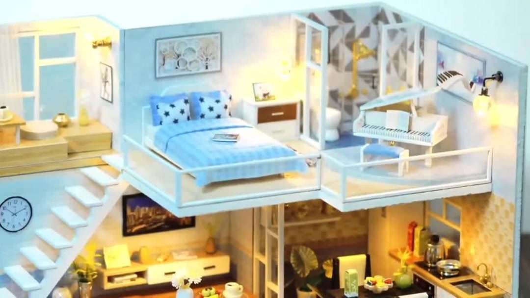 DIY,手工制作一套蓝色系现代都市迷你娃娃屋,家居用品很齐全