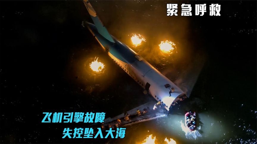 飞机引擎故障,失控坠入大海,救援队火海救人