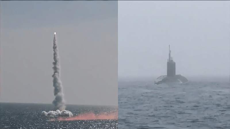 震撼!俄潜艇在日本海试射“口径”导弹 导弹呼啸升空摧毁“敌舰”