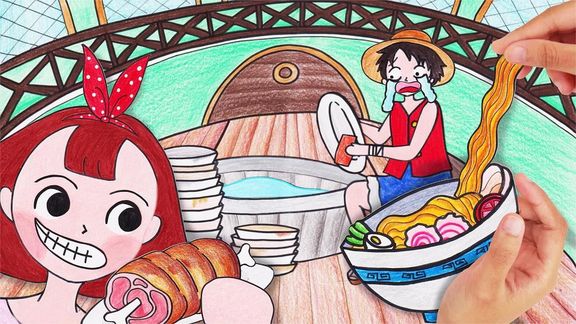 定格动画:小女孩在吃美食,路飞却在洗盘子,命运太惨了!