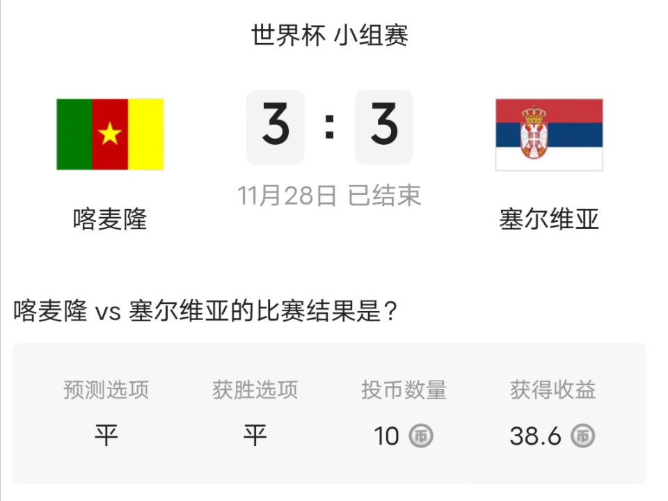 喀麦隆vs塞尔维亚打平含泪赚硬币