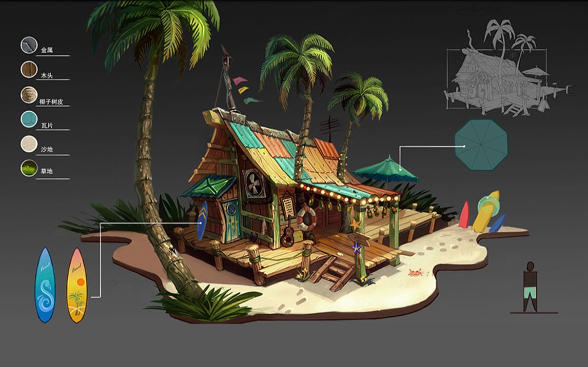 【3dmax建模】教你学习制作“沙滩酒吧”,零基础Q版场景3D模型制作