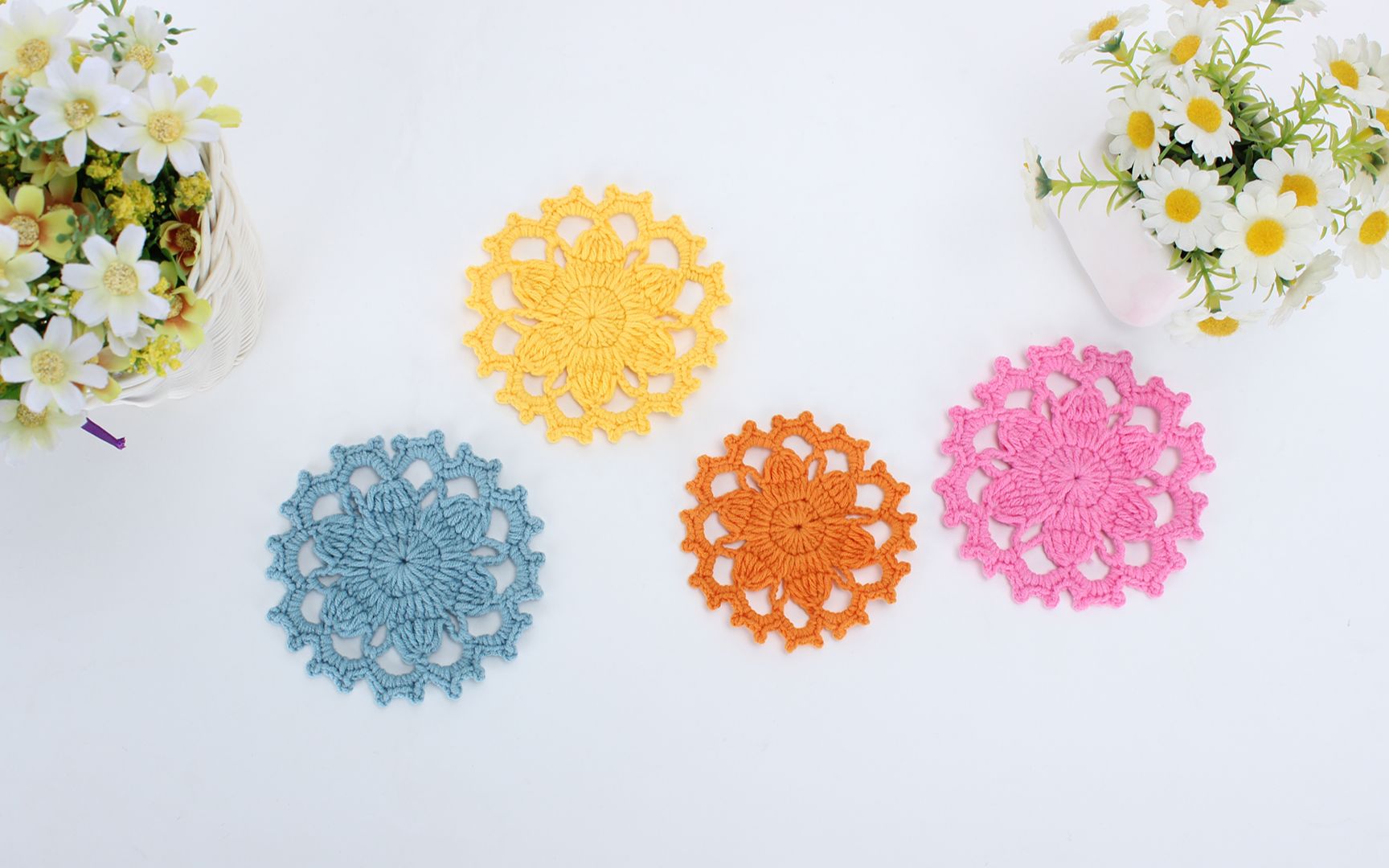 娟娟编织教程桌面小物美丽的钩针花片