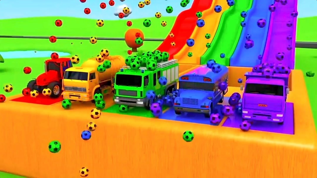 少儿卡通动画 彩色的破碎机撞碎了砖块 云梯车 校车 卡车 益智