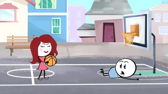 搞笑铅笔动画,铅笔男孩在篮球场遇到一个美女,竟是个投篮高手