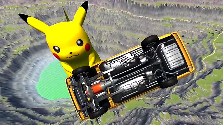 BeamNG:老式跑车开足马力飞跃冲向超大皮卡丘模型,模拟真实车祸