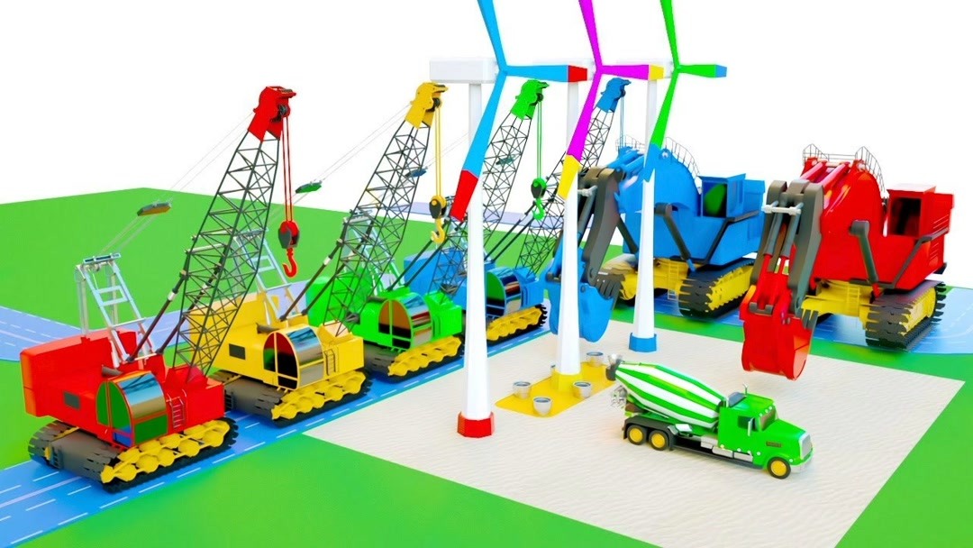 挖土车和钩机卡车建造风车 工程车益智动画