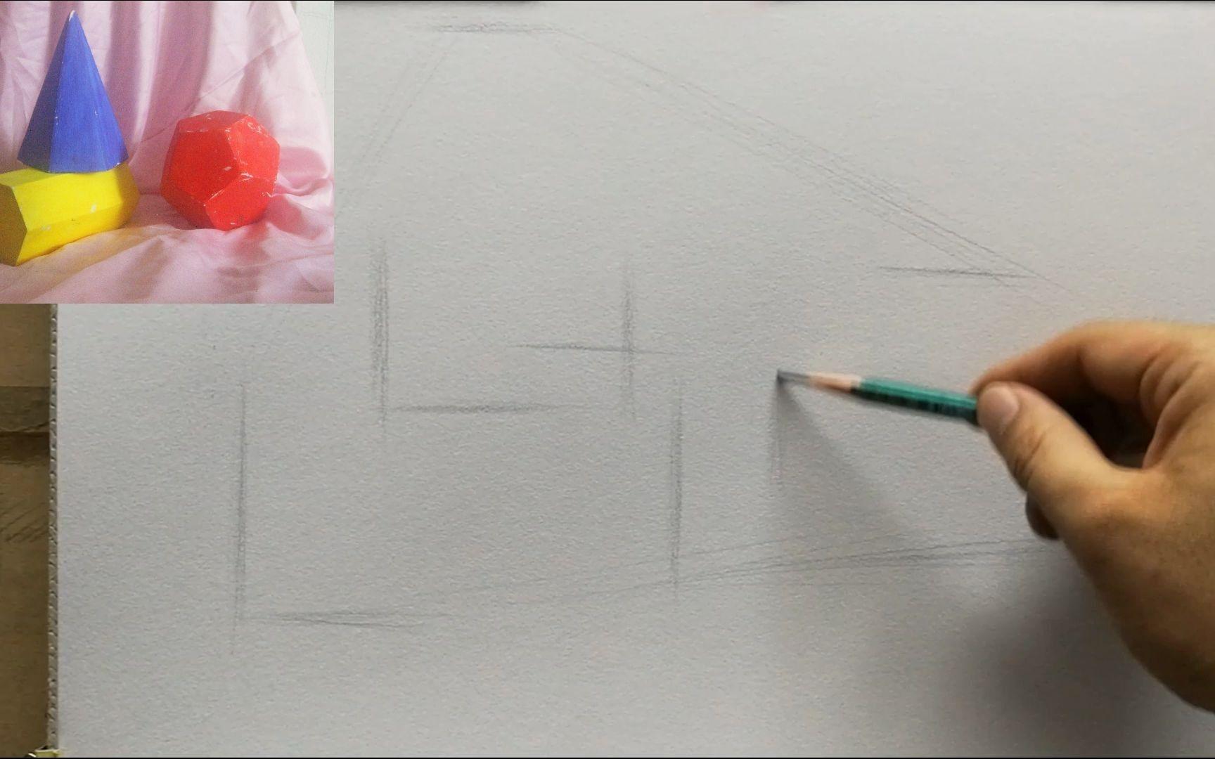 【彩铅】学院派彩色铅笔素描--三个几何形体组合作画示范1