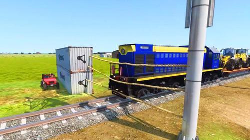 车祸模拟器:铁轨上出现绳索障碍物导致火车脱轨翻车