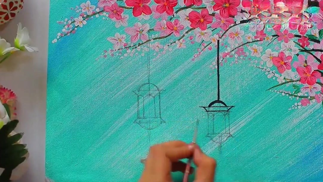 用丙烯颜料画樱花树下的吊灯,非常简单成品很漂亮,详细绘画教程