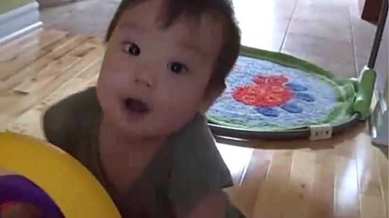 八个月大的宝宝推推车玩,肉嘟嘟的样子好可爱!