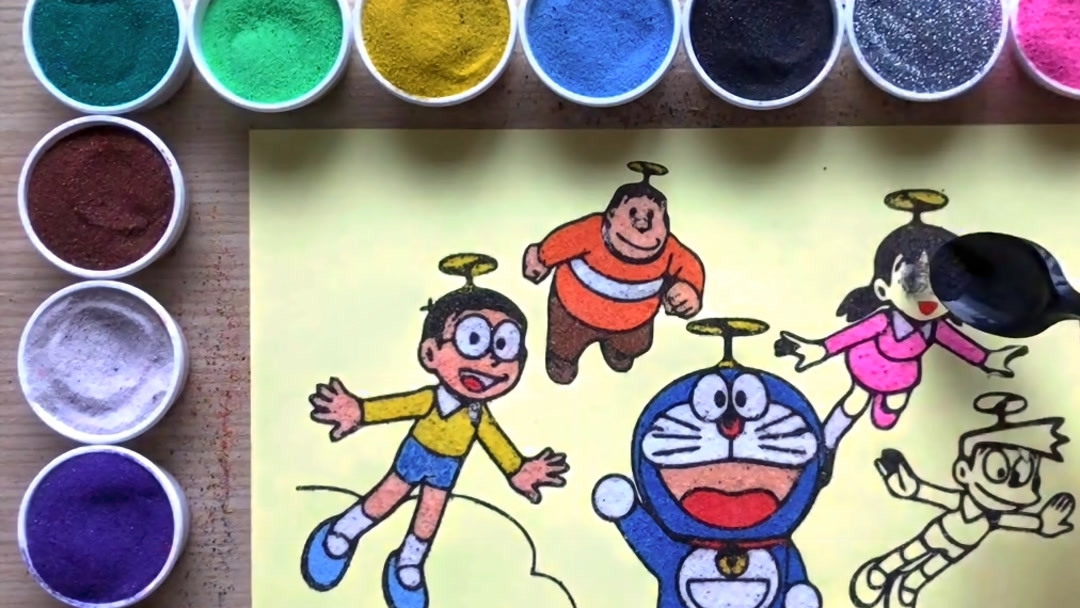 简笔画DIY: 用彩色沙,彩绘哆啦A梦带着大雄、静香等在天上飞!