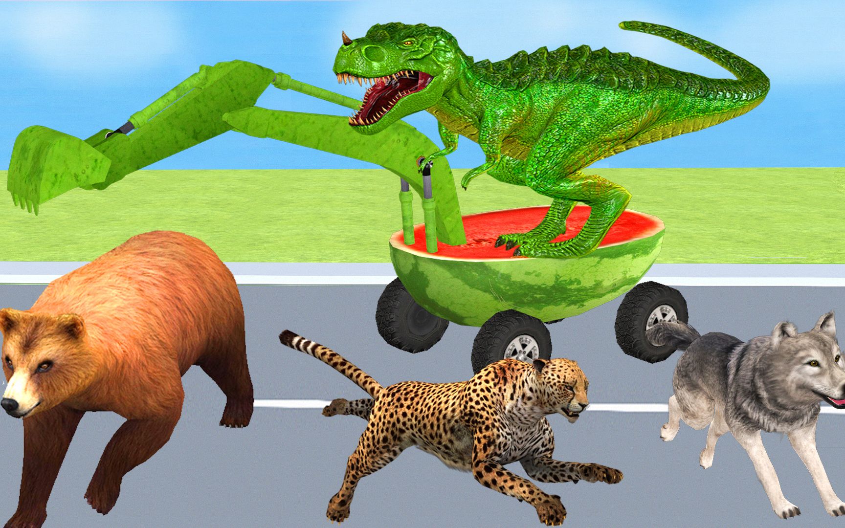 霸王龙开挖掘机,快无敌啦,谁来打败它~