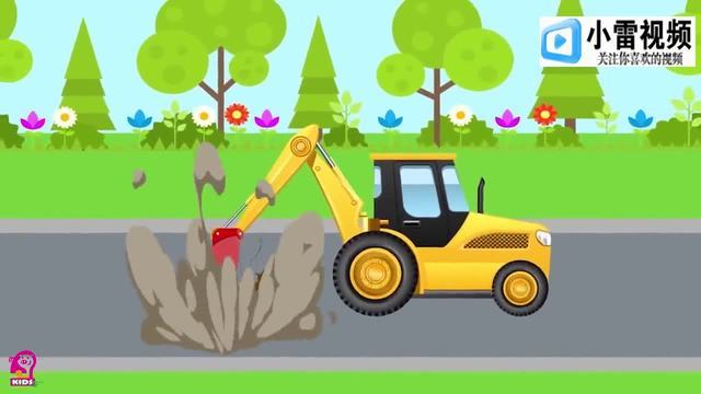 儿童早教动画,小朋友玩滑板,卡车吊车挖土车修理道路