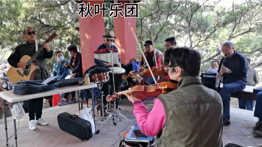 青岛中山公园牡丹亭秋叶乐团演奏“故乡的亲人”、“送别”