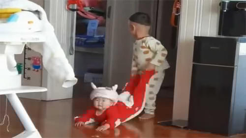 两岁的哥哥看动画片,妹妹总是捣乱,最后哥哥竟然把妹妹拖到卧室