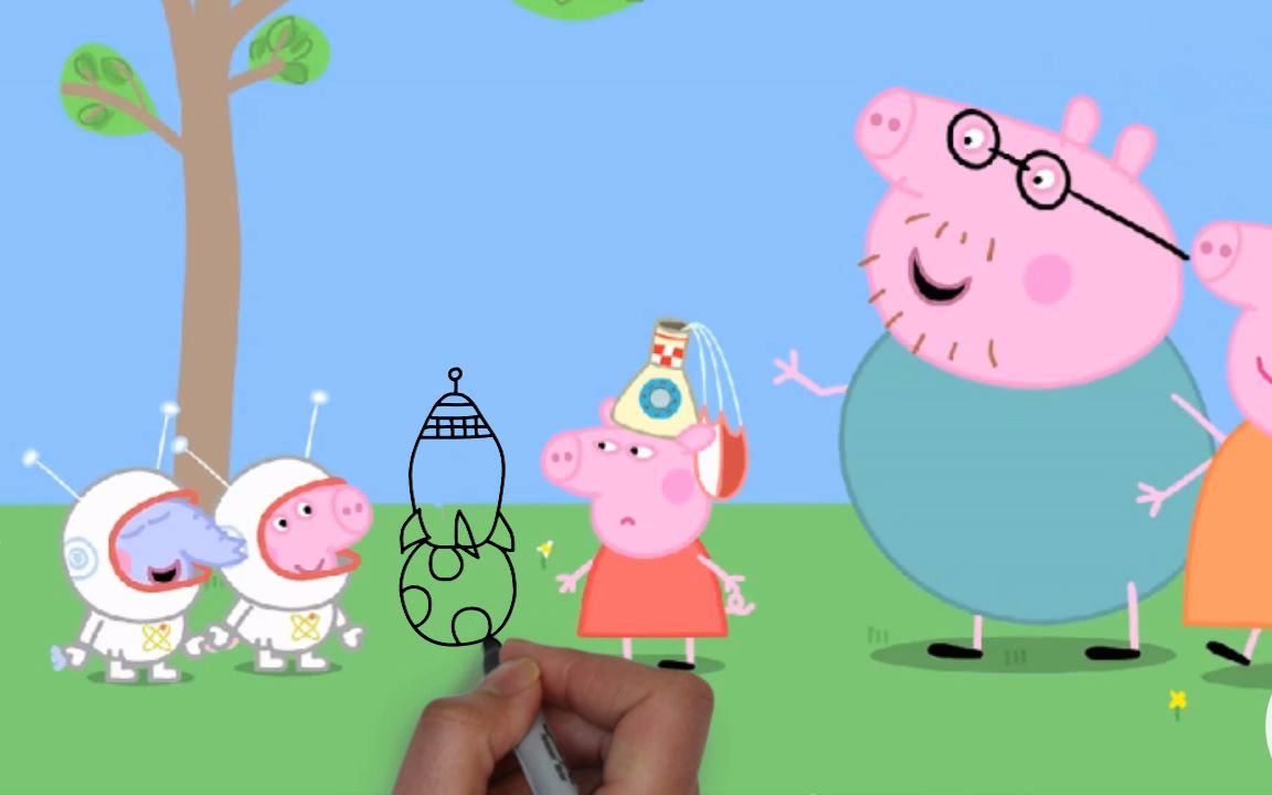 【手绘】简笔画火箭,小猪佩奇的月球之旅!