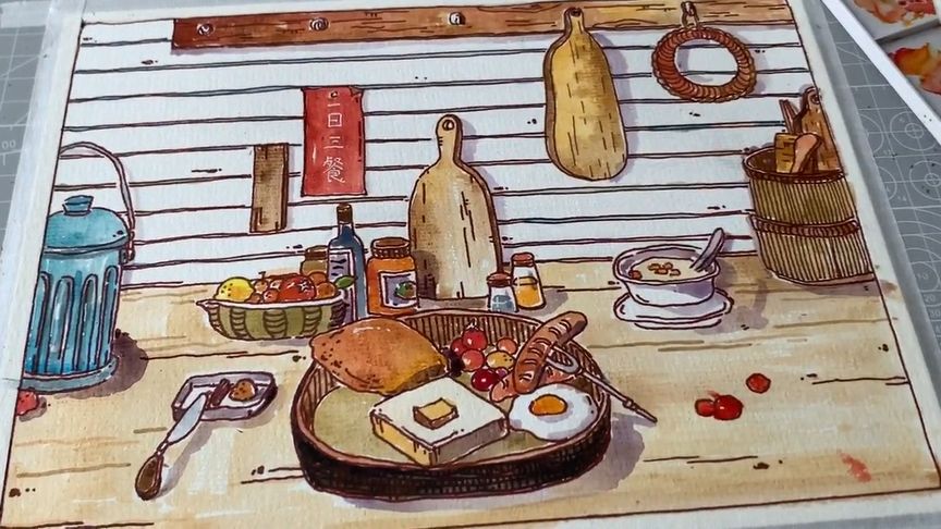 水彩插画——温馨的厨房一角
