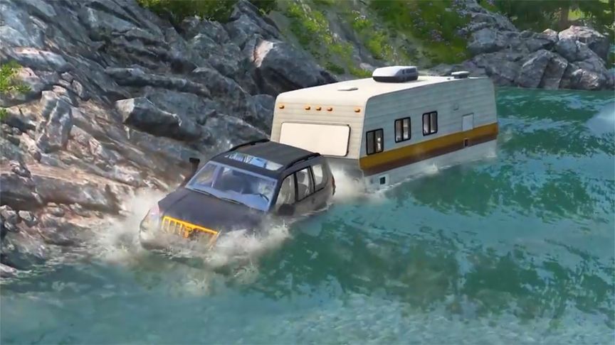 车祸模拟器:丰田普拉多拉着房车过河结果被冲跑了