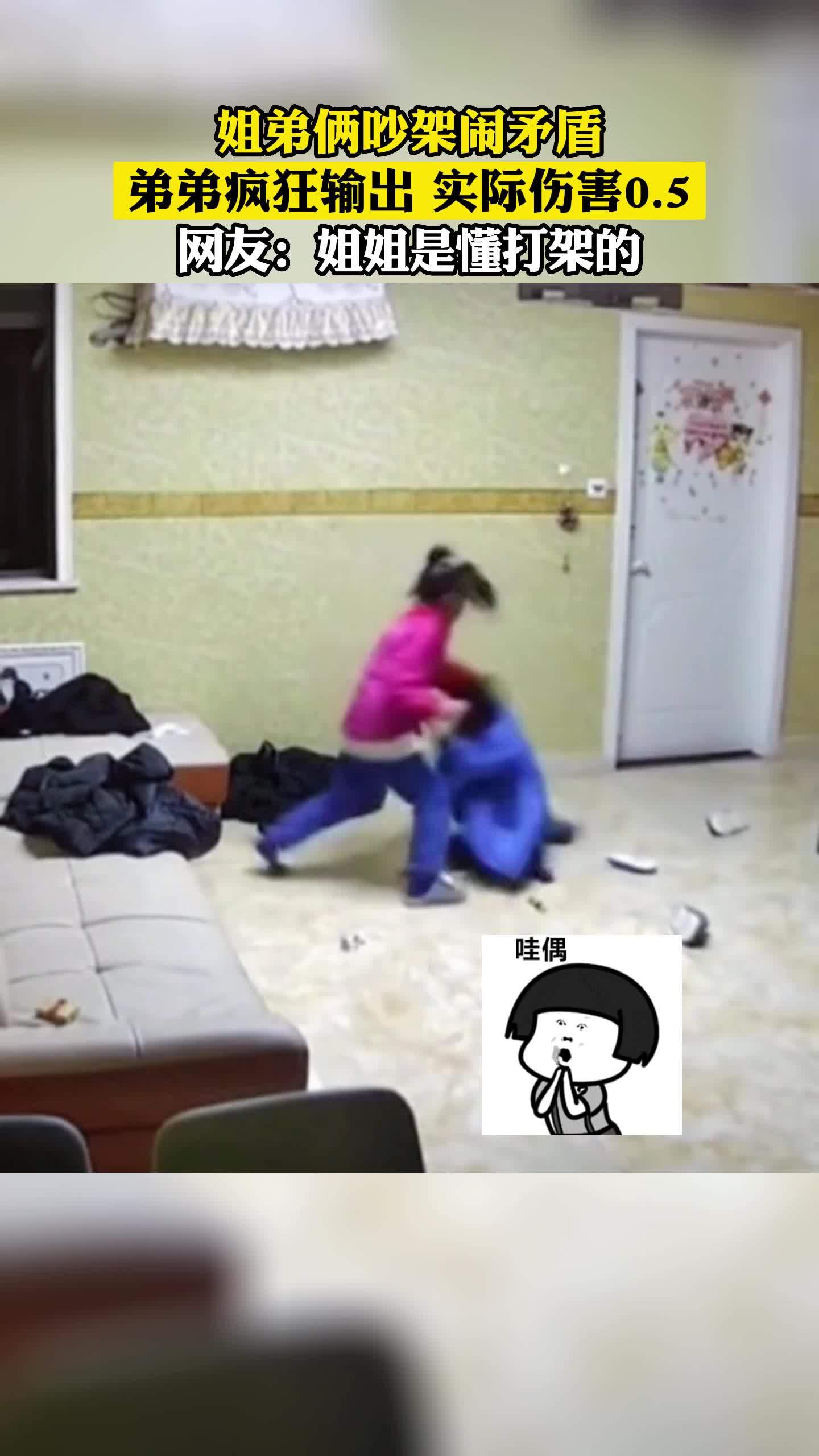 姐弟俩吵架闹矛盾,弟弟疯狂输出,实际伤害0.5,姐姐是懂打架