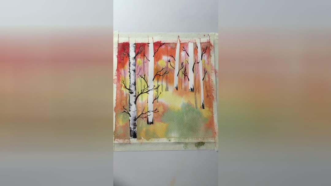 秋叶飘落的白桦林#画画