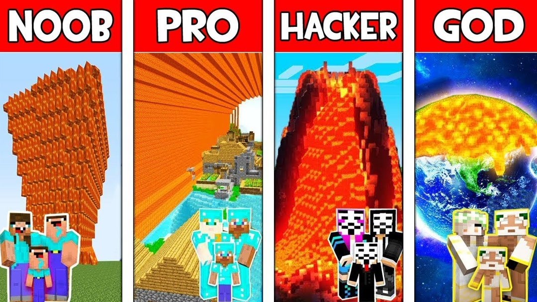 我的世界战斗动画:新手vs专业vs黑客vs上帝 熔岩引发的海啸