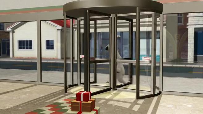 倒霉熊:倒霉熊尝试从旋转门出去,买的东西都不要了?