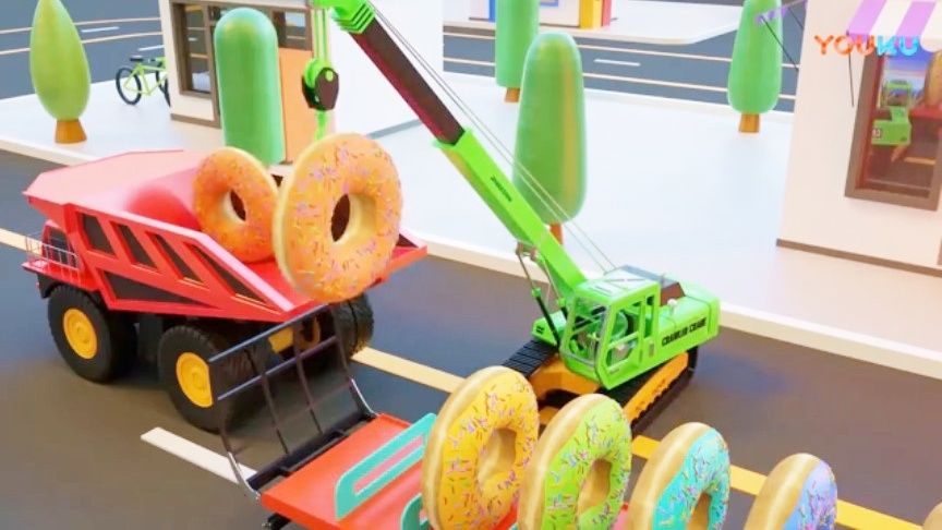 工程车动画:吊车与卡车合伙偷走了运输中的甜甜圈