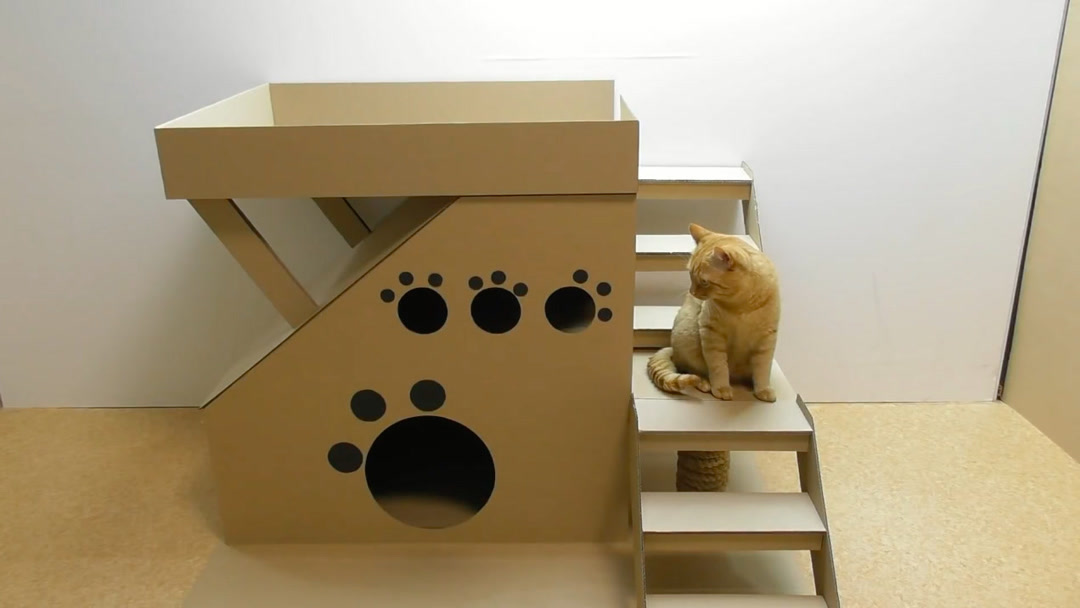 使用纸板给可爱的猫咪制作一个小房子-氷先生